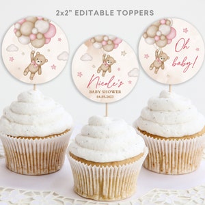 Pink Teddy Bear Cupcake Toppers Baby Shower Dessert Labels Teddy Bear ...