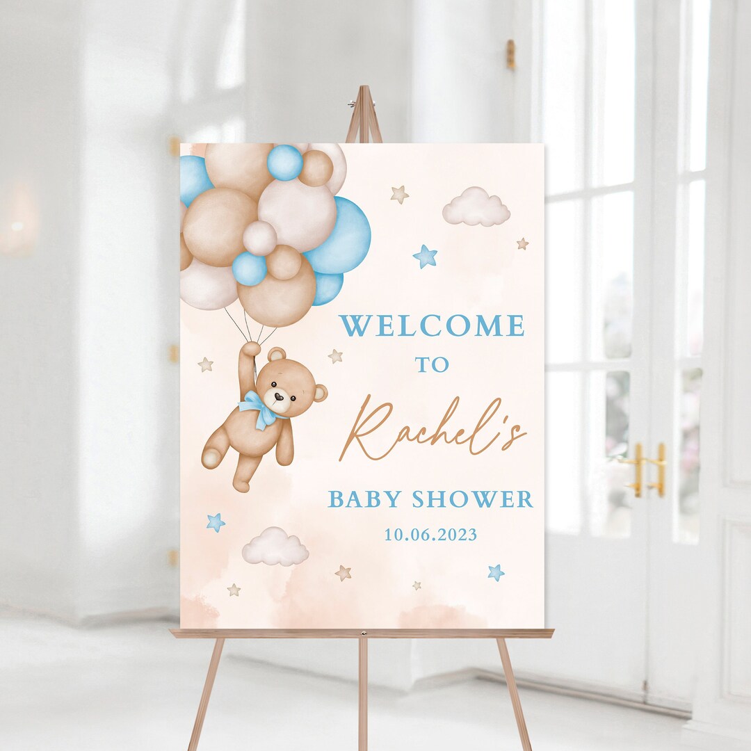Editable Blue Teddy Bear Baby Shower Welcome Sign for Baby Boy Blue ...