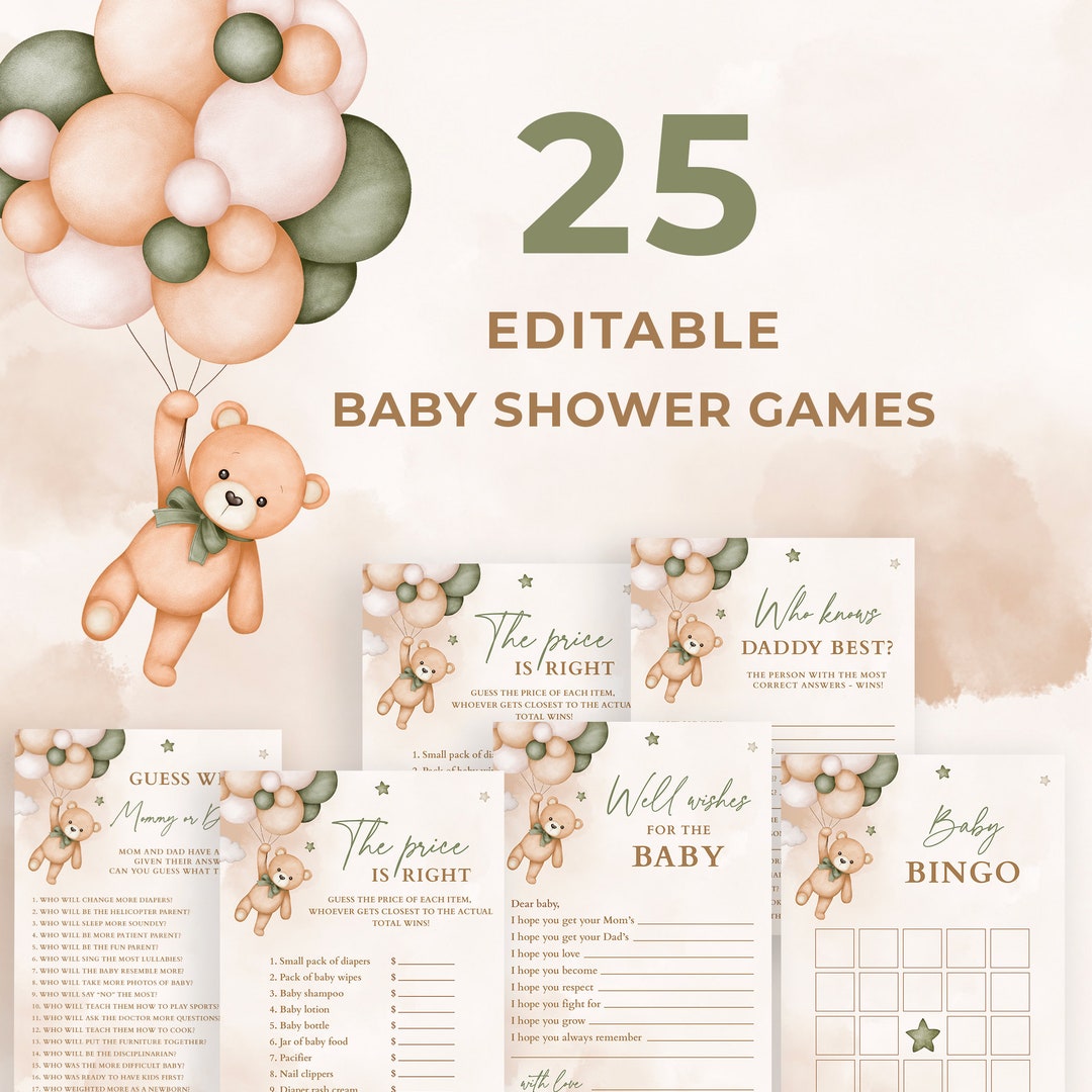 EDITABLE Green Teddy Bear Baby Shower Games, Sage Green Bear Hot Air ...