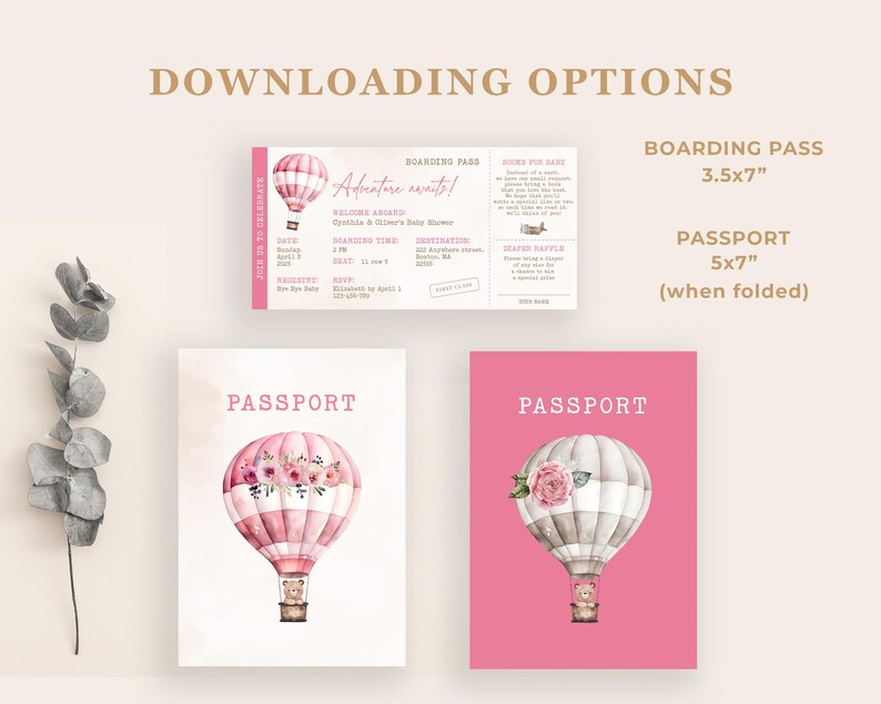 Pink Boarding Pass and Passport Invitation, Hot Air Balloon and ...