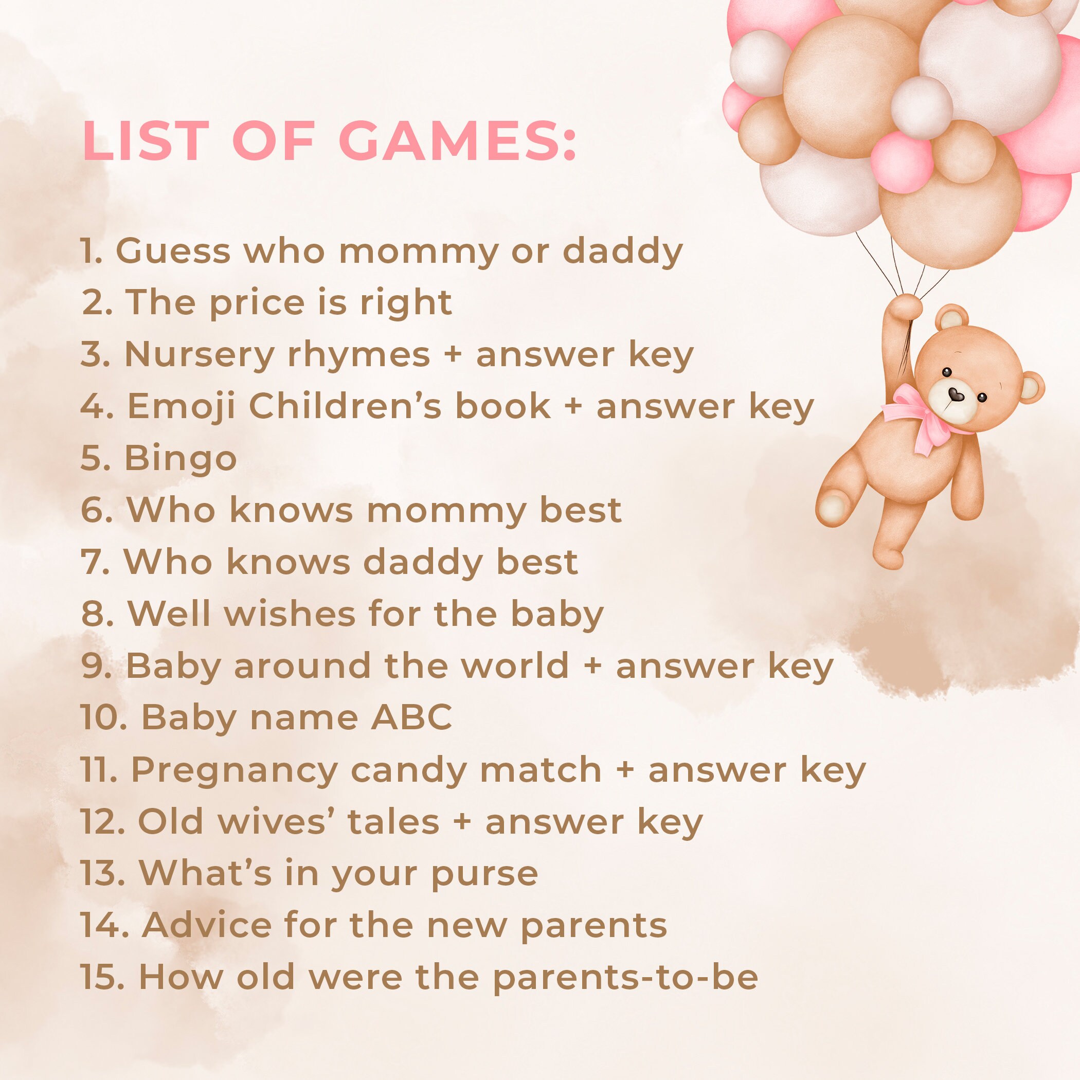 EDITABLE Pink Teddy Bear Baby Shower Games, Pink Bear Hot Air Balloon ...