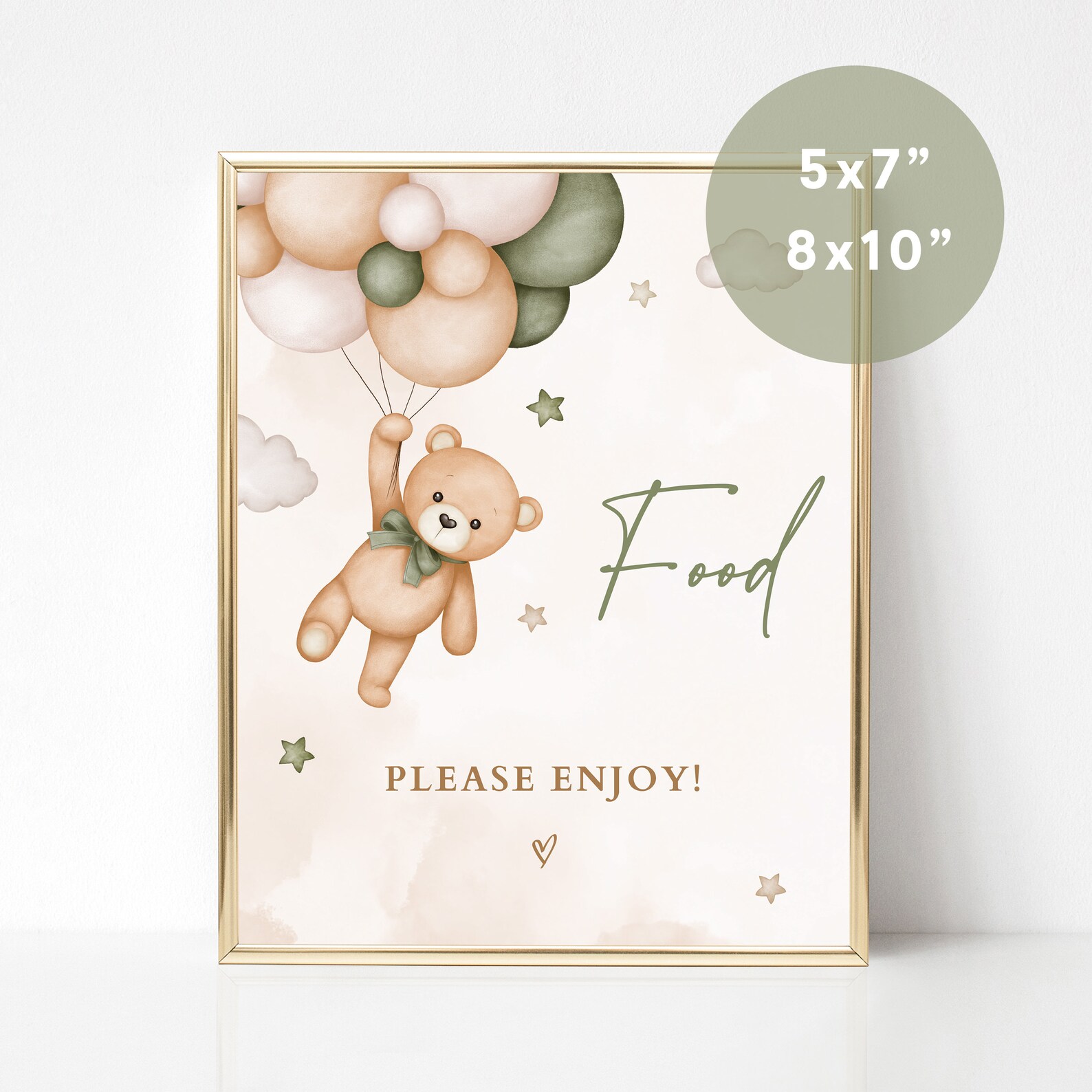 Sage Green Teddy Bear Food Sign for Baby Shower, Food Station Printable ...
