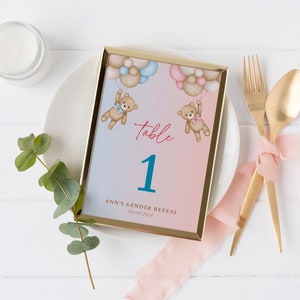 Teddy Bear Balloon Table Numbers, Gender Reveal Party Table No Editable ...