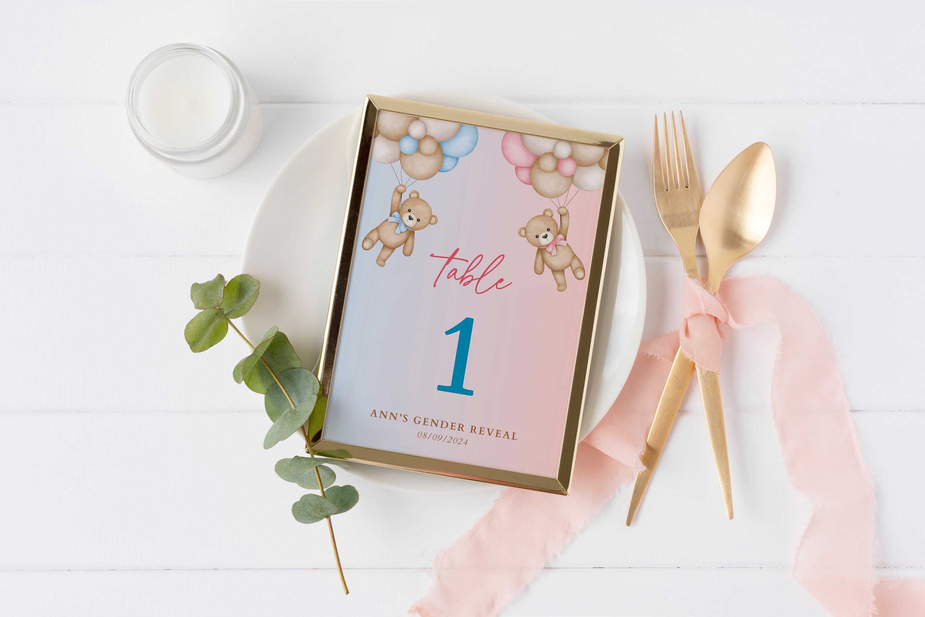 Teddy Bear Balloon Table Numbers, Gender Reveal Party Table No Editable ...