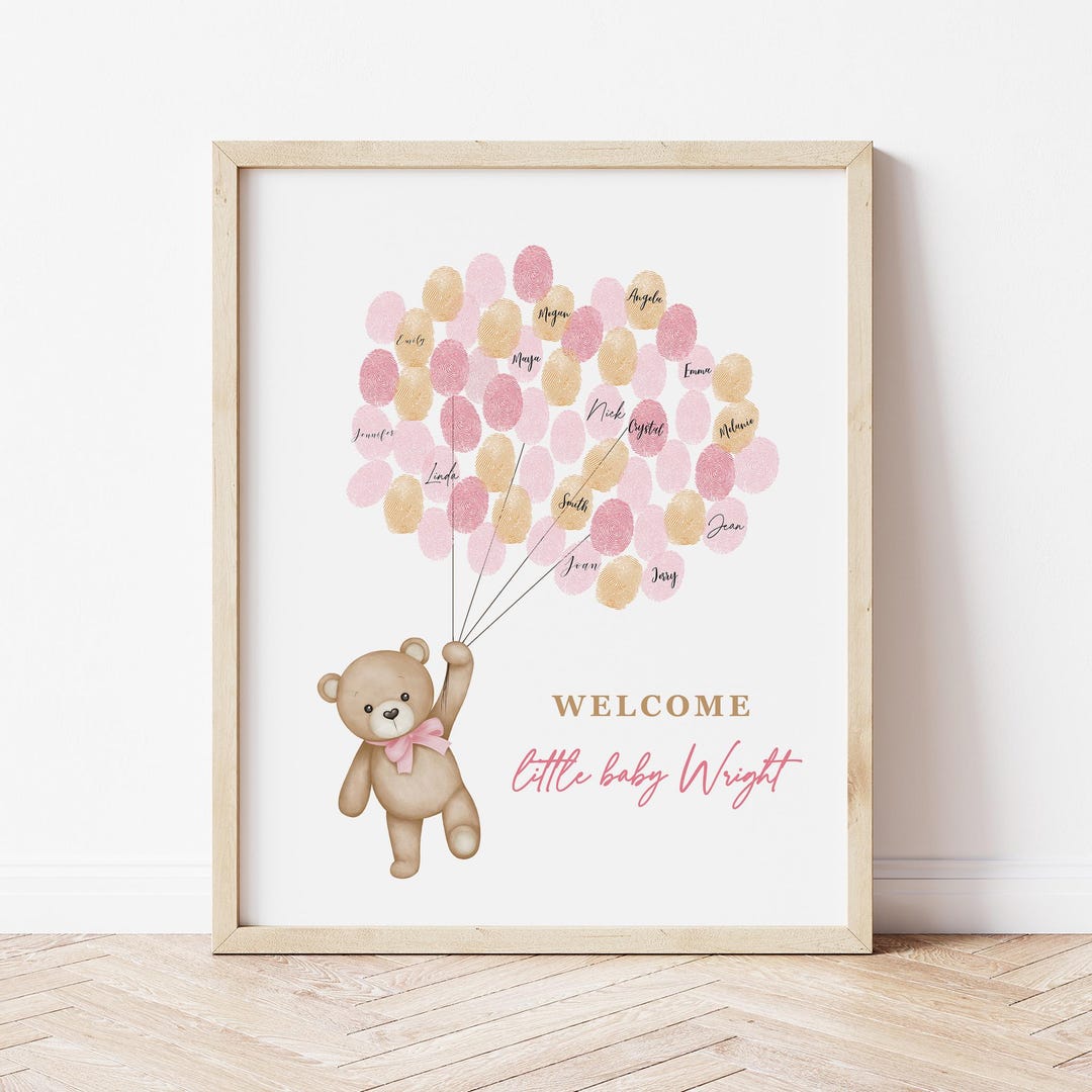 Teddy Bear Baby Shower Fingerprint Guestbook Editable Thumbprint Guest ...