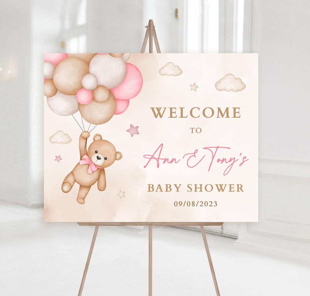 EDITABLE Welcome Banner for Baby Girl Pink Teddy Bear and Balloons ...