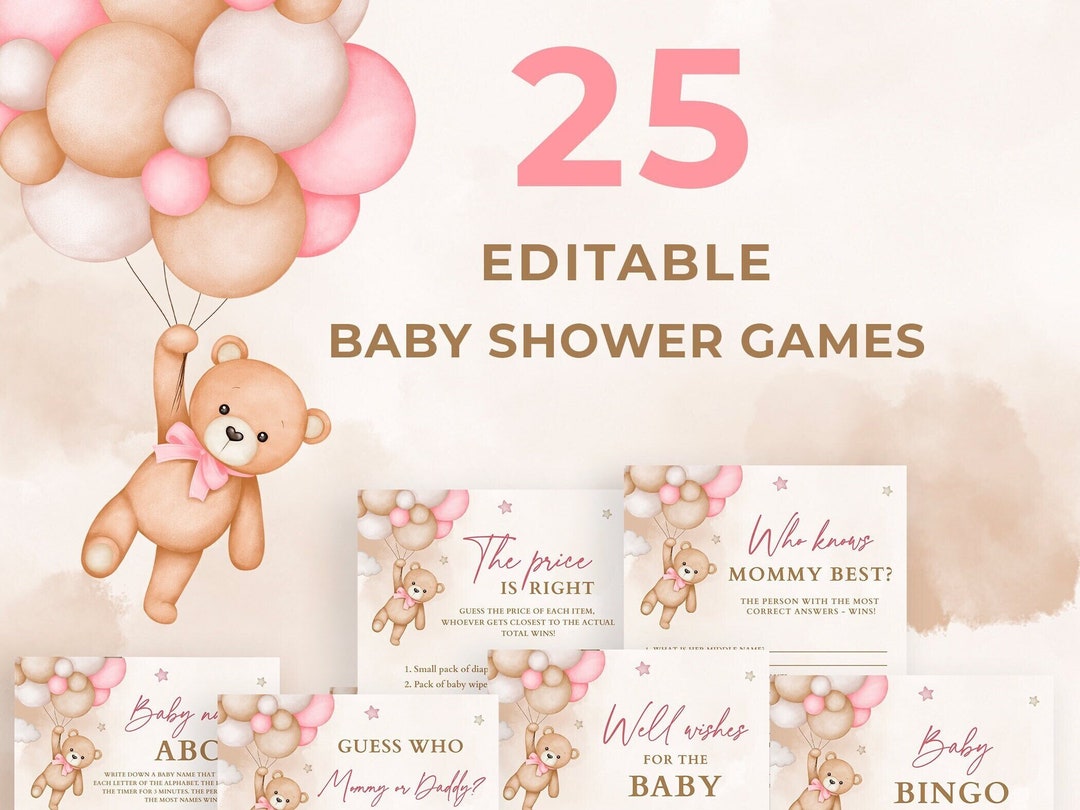 EDITABLE Pink Teddy Bear Baby Shower Games, Pink Bear Hot Air Balloon ...