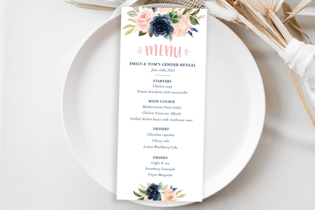 Editable Navy and Blush Menu Gender Reveal Menu Template Elegant Menu ...