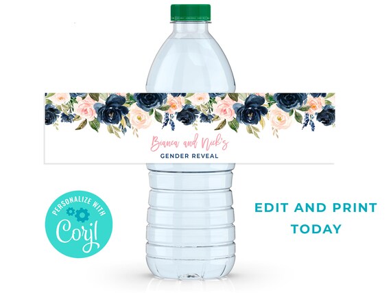 Navy Blush Editable Water Bottle Labels Floral Water Labels - Etsy
