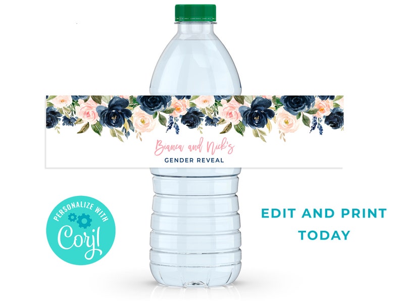 Navy Blush Editable Water Bottle Labels Floral Water Labels - Etsy