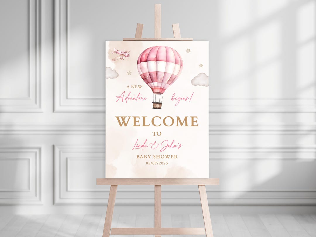 Pink Hot Air Balloon Welcome Sign, Airplane Baby Shower Welcome Banner ...
