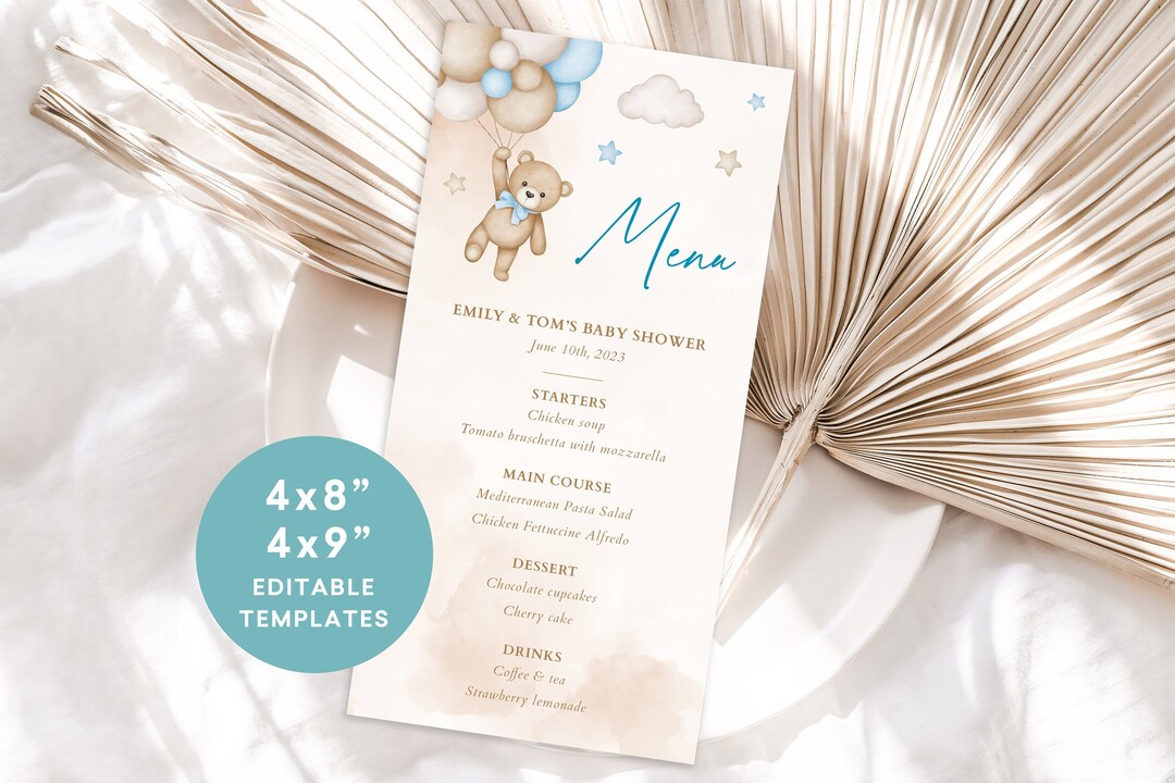 Blue Teddy Bear Menu Template, Light Blue Teddy Bear Baby Shower Menu ...