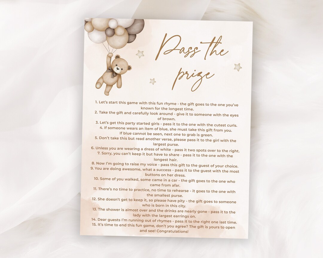 Pass the Prize Baby Shower Game, Pass the Parcel Teddy Bear Baby Shower ...
