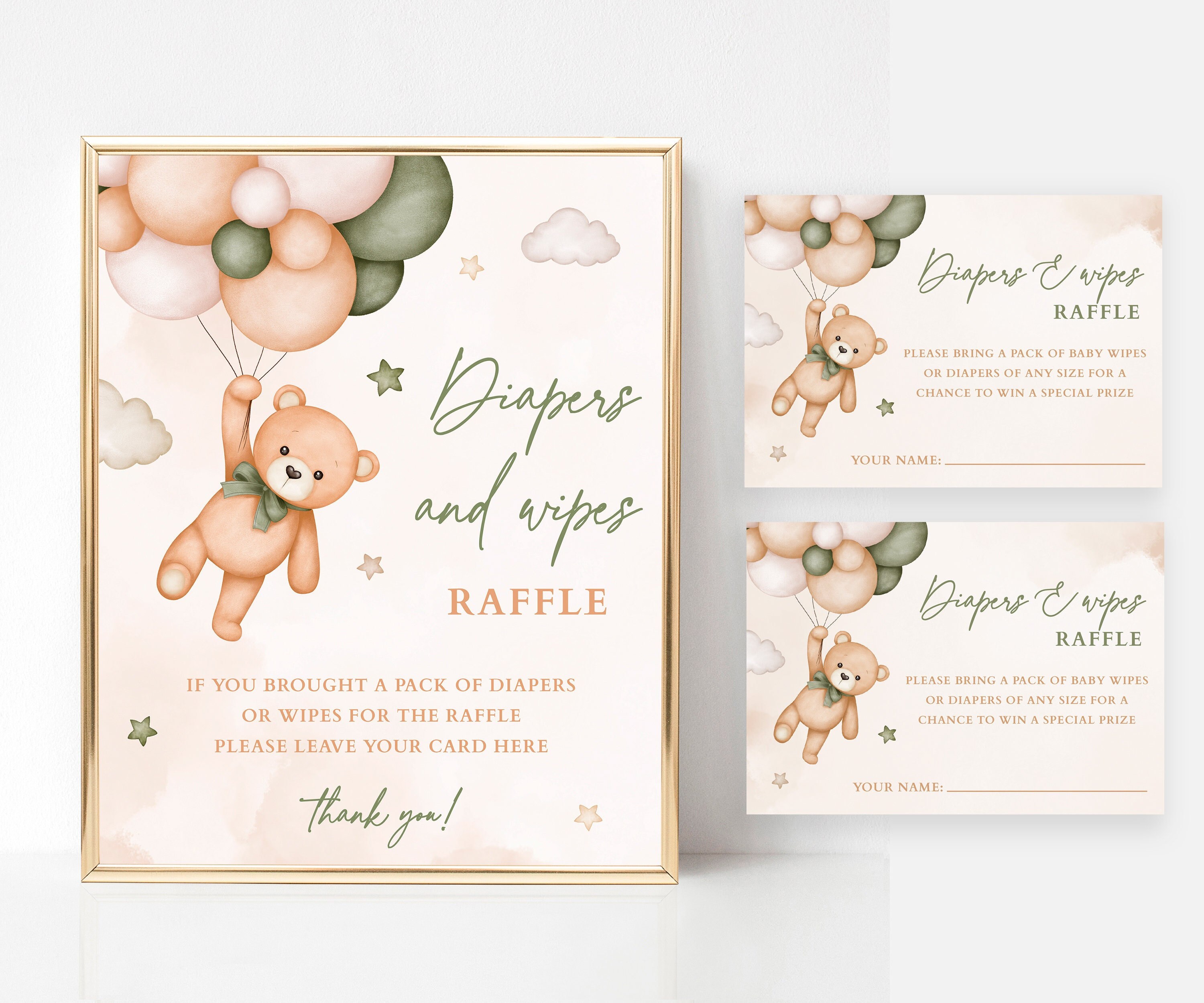 Sage Green Teddy Bear Diapers and Wipes Raffle, Gender Neutral Teddy ...