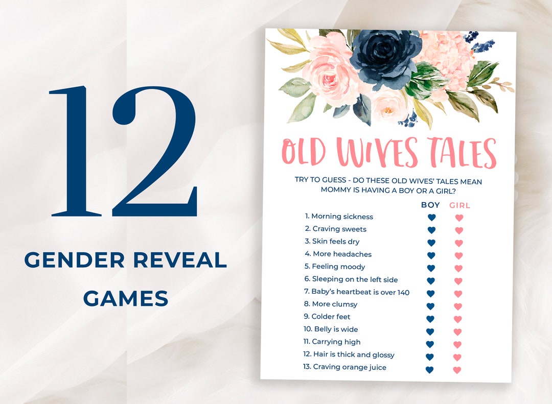 Gender Reveal Games Navy and Blush, Navy Blue and Blush Pink Floral ...