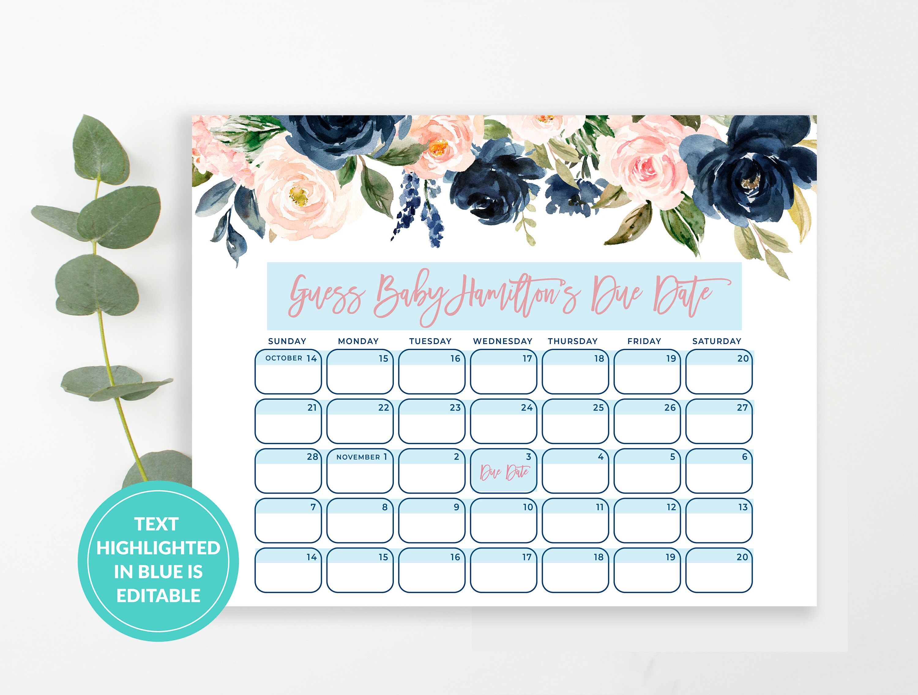 Baby Due Date Calendar Navy and Blush Gender Reveal Due Date | Etsy
