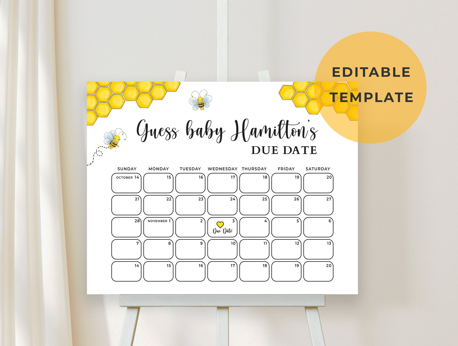 EDITABLE Due Date Calendar Bee Theme, Bee Baby Shower Honey Bee Gender ...