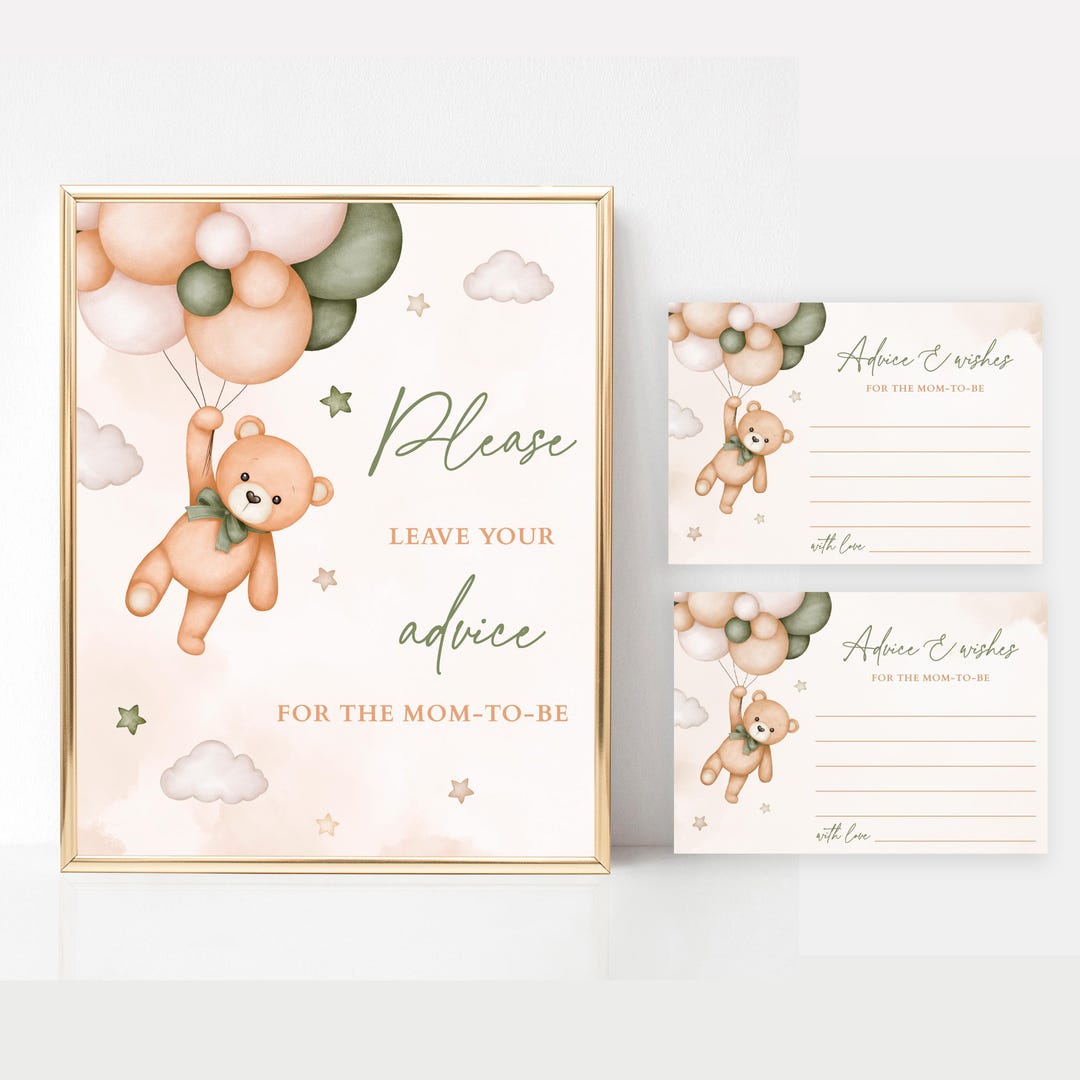 Advice for the Mom-to-be Sign and Cards, Sage Green Teddy Bear Baby ...