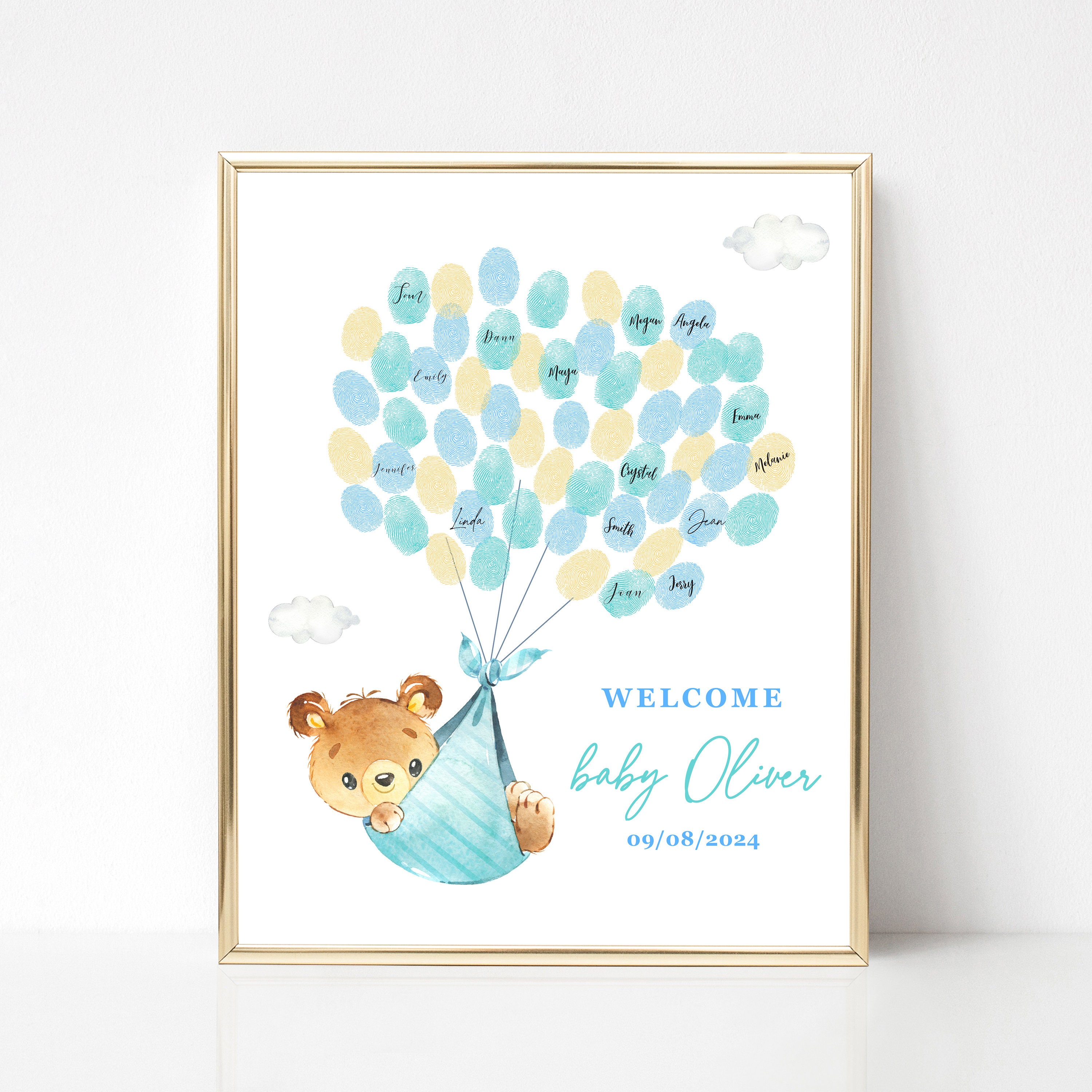 EDITABLE Blue Teddy Bear Fingerprint Guestbook, Baby Boy Teddy Bear ...