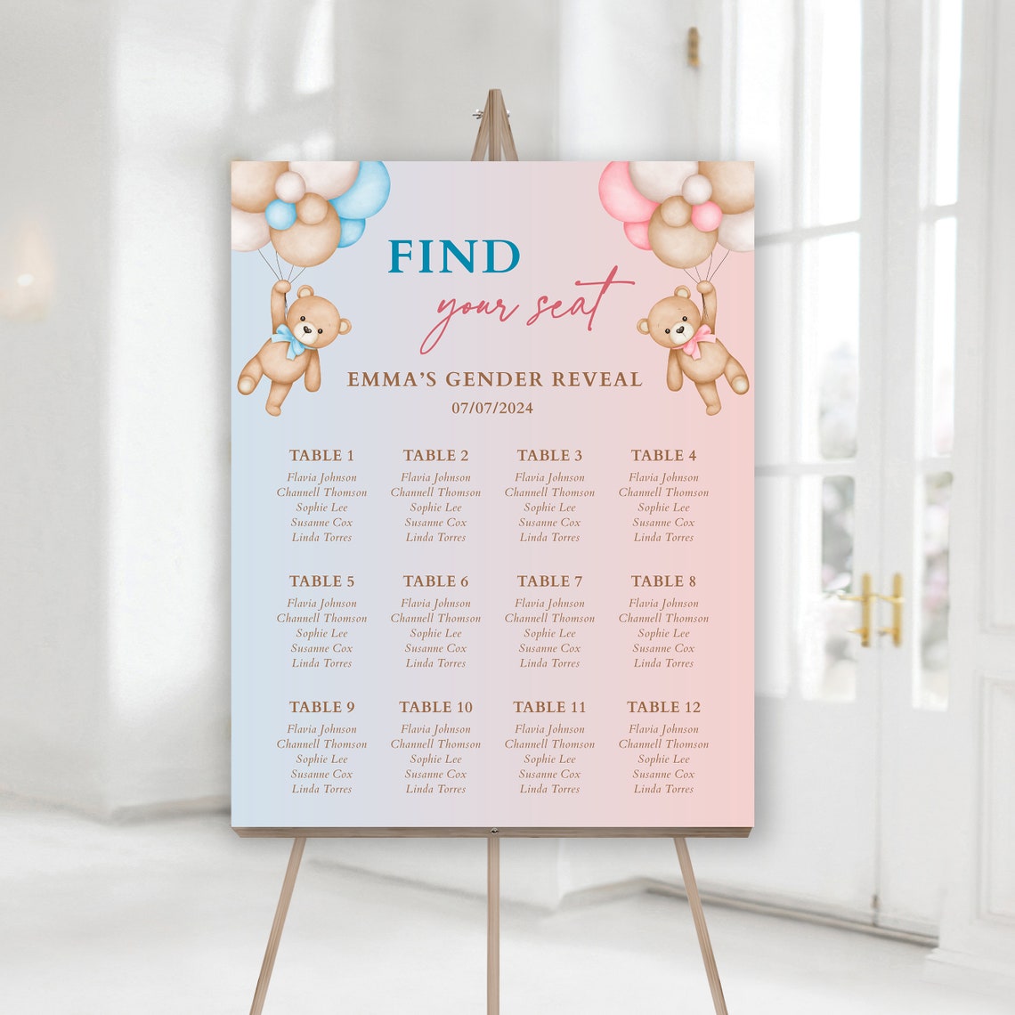 Teddy Bear Balloon Table Numbers, Gender Reveal Party Table No Editable ...