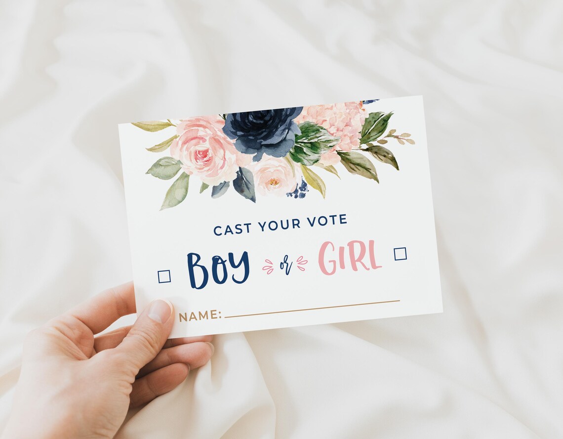 Boy or Girl Voting Card Printable, Cast Your Vote Card Navy and Blush ...