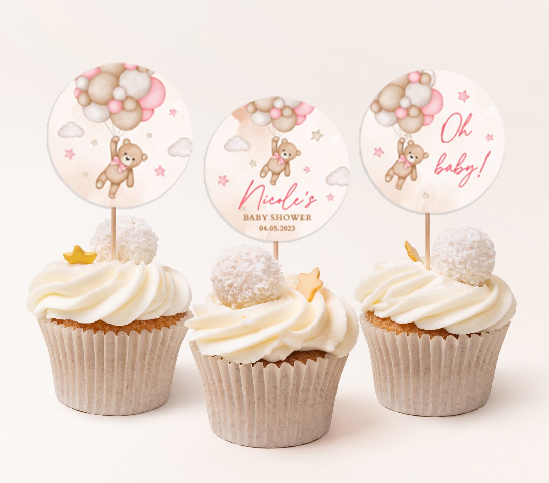 Pink Teddy Bear Cupcake Toppers Baby Shower Dessert Labels Teddy Bear ...