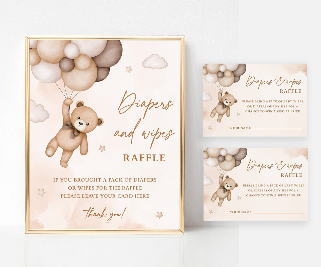 Diapers and Wipes Raffle Sign, Beige Teddy Bear Baby Shower Diaper ...