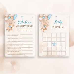 EDITABLE Blue Teddy Bear Baby Shower Games, Blue Bear Hot Air Balloon ...
