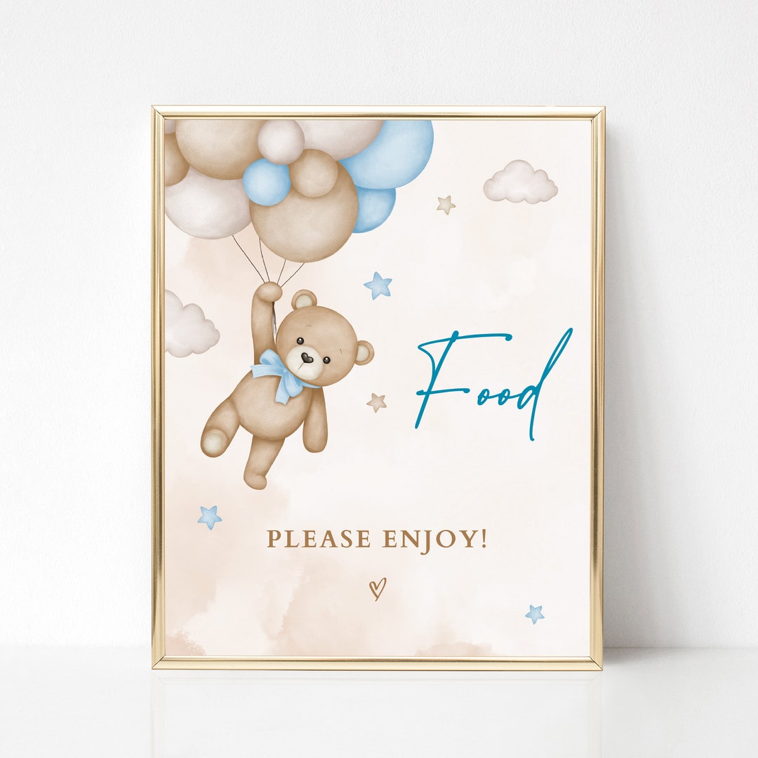Blue Teddy Bear Food Sign, Food Station Bear Baby Shower Table Sign, We ...