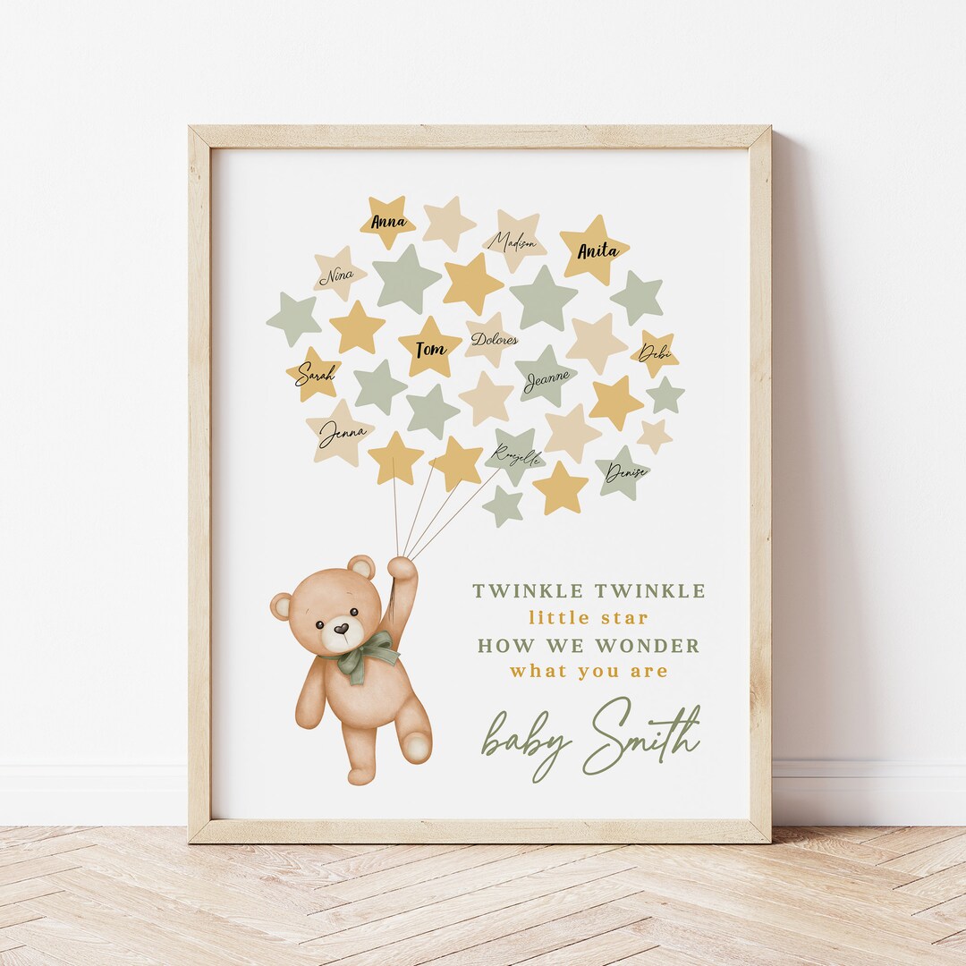 Baby Shower Fingerprint Guest Book Green Teddy Bear, Finger Print Tree ...