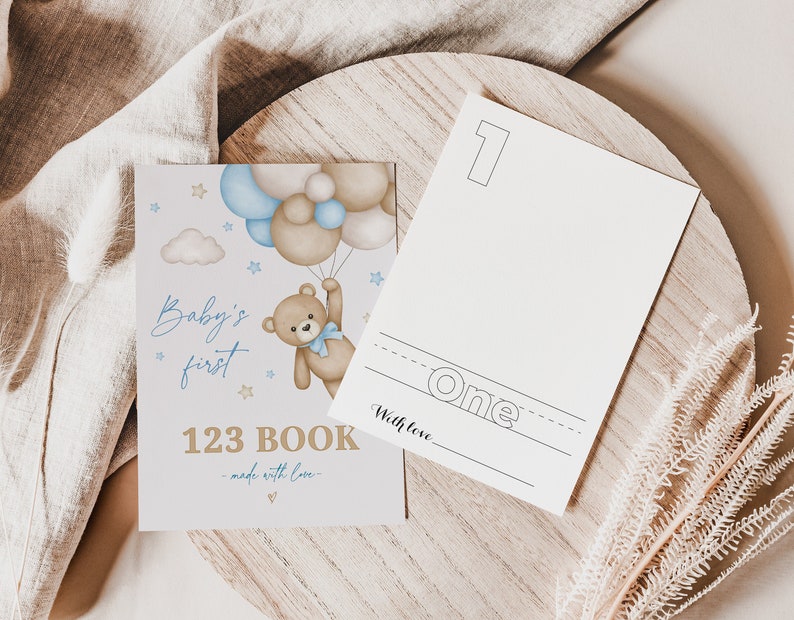 Baby Shower Numbers Book Bear Balloons, Baby's First 123 Book, Drawing ...