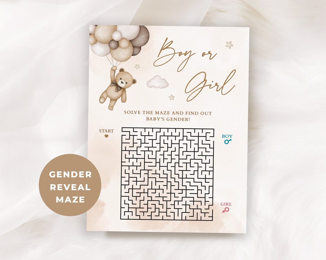 Boy or Girl Gender Reveal Maze Game Beige Teddy Bear Labyrinth Game ...