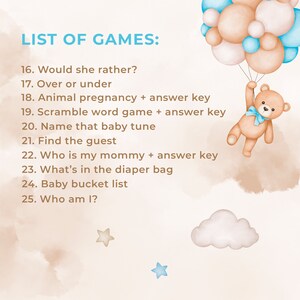 EDITABLE Blue Teddy Bear Baby Shower Games, Blue Bear Hot Air Balloon ...