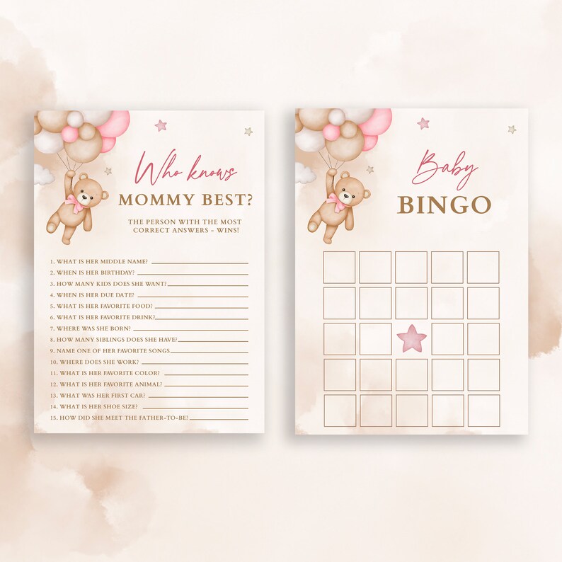 EDITABLE Pink Teddy Bear Baby Shower Games, Pink Bear Hot Air Balloon ...