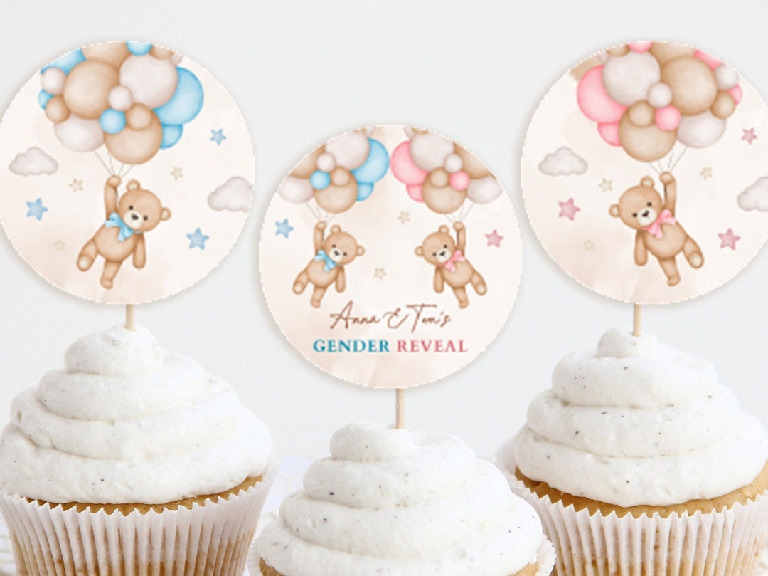 EDITABLE Teddy Bears Cupcake Toppers, Bears Balloon Gender Reveal Party ...