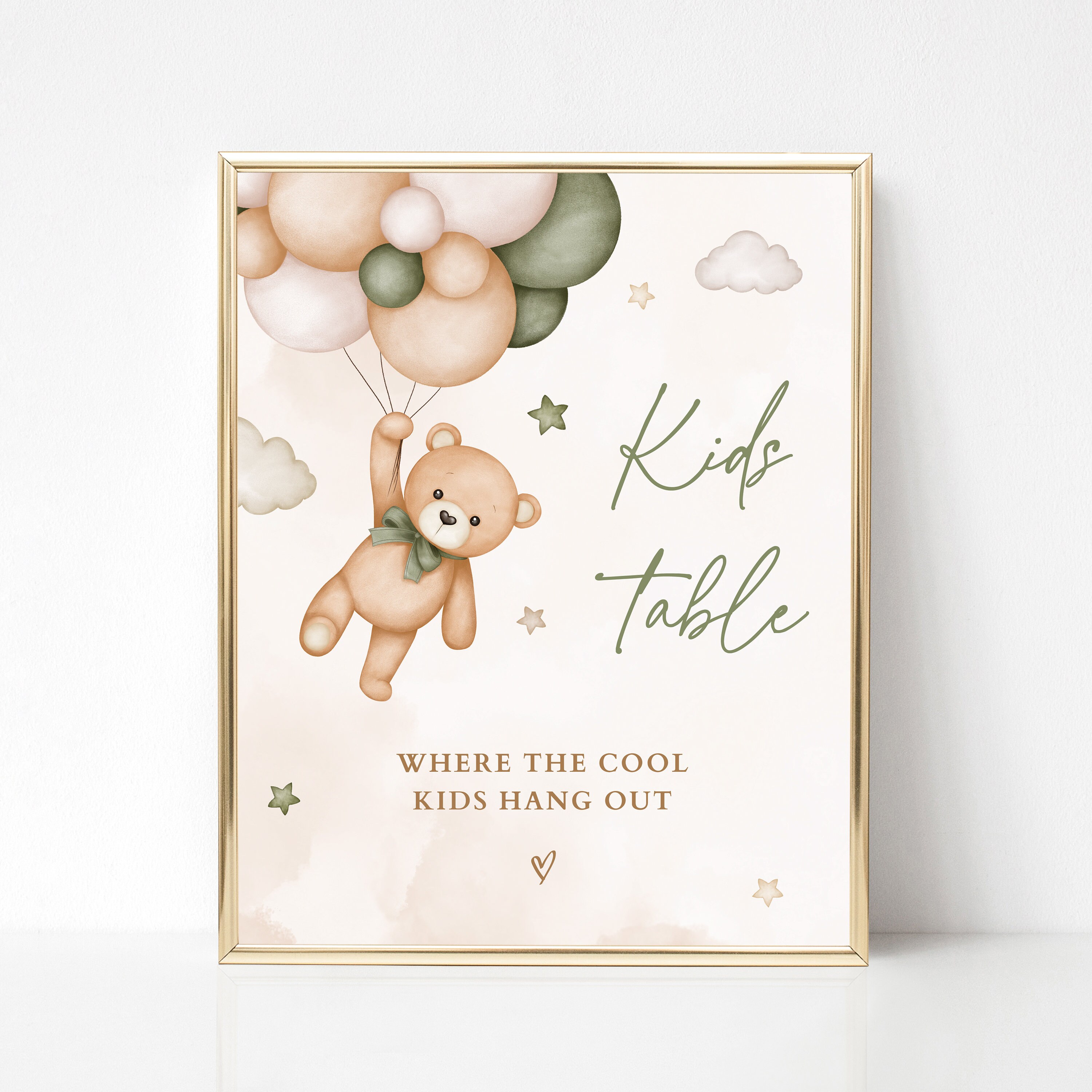 Kids Table Printable Sign Sage Green Teddy Bear and Balloons, Gender ...