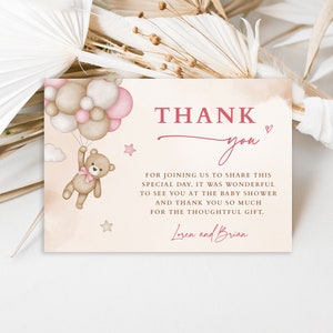 EDITABLE Thank You Card Pink Teddy Bear Baby Shower, We Can Bearly Wait ...