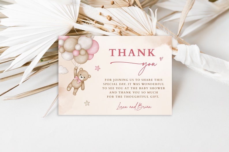 EDITABLE Thank You Card Pink Teddy Bear Baby Shower, We Can Bearly Wait ...