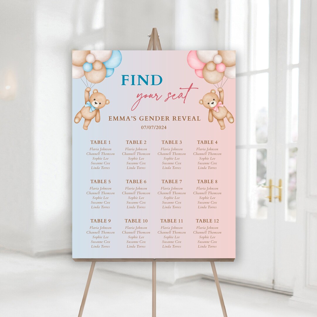 Gender Reveal Seating Chart Blue and Pink Teddy Bear, Editable Find ...