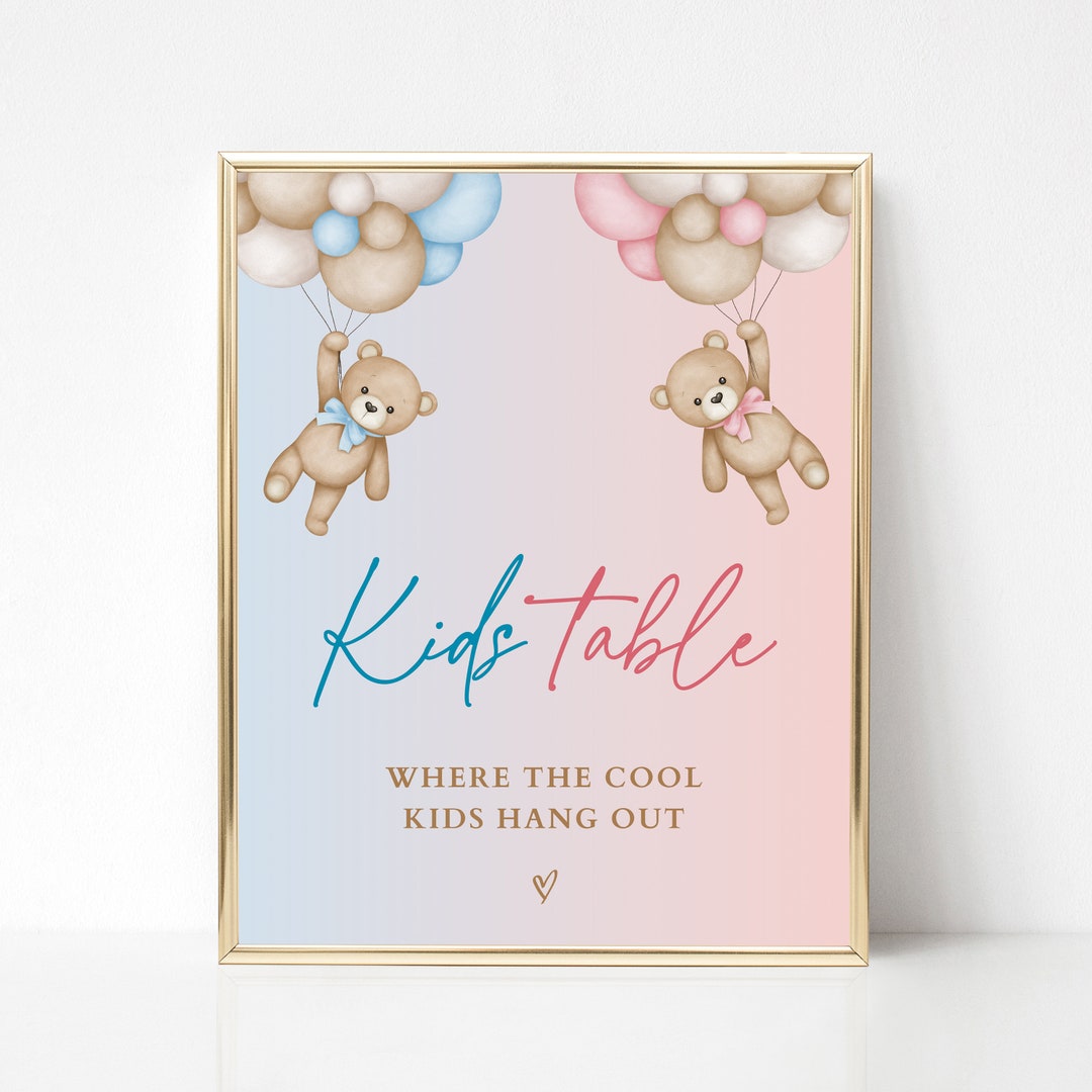 Kids Table Printable Sign Teddy Bear and Balloons, Gender Reveal Party ...