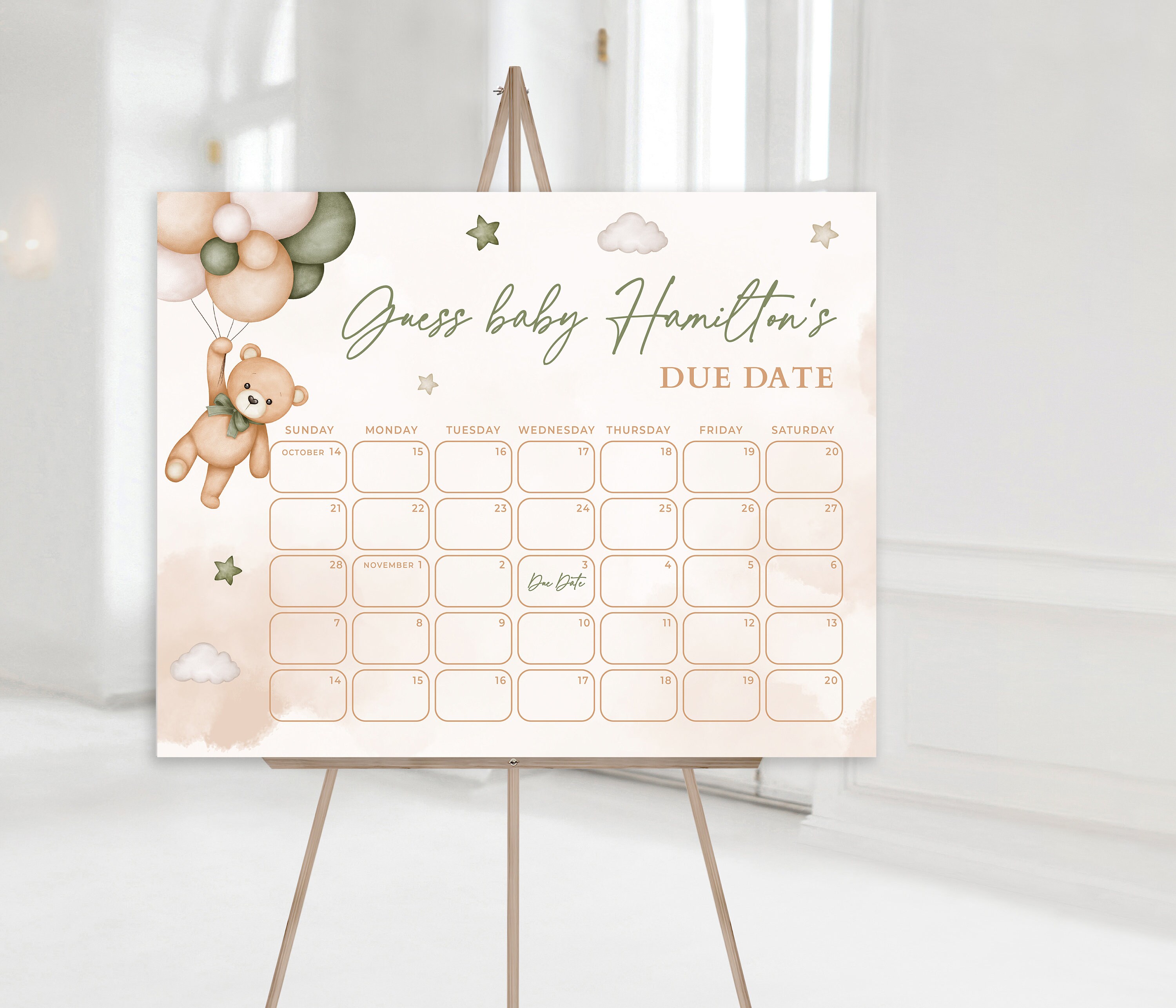 Kids Table Printable Sign Sage Green Teddy Bear and Balloons, Gender ...