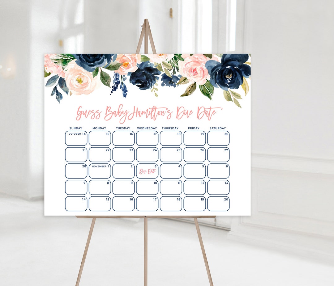 Baby Due Date Calendar Navy and Blush Gender Reveal Due Date Calendar ...