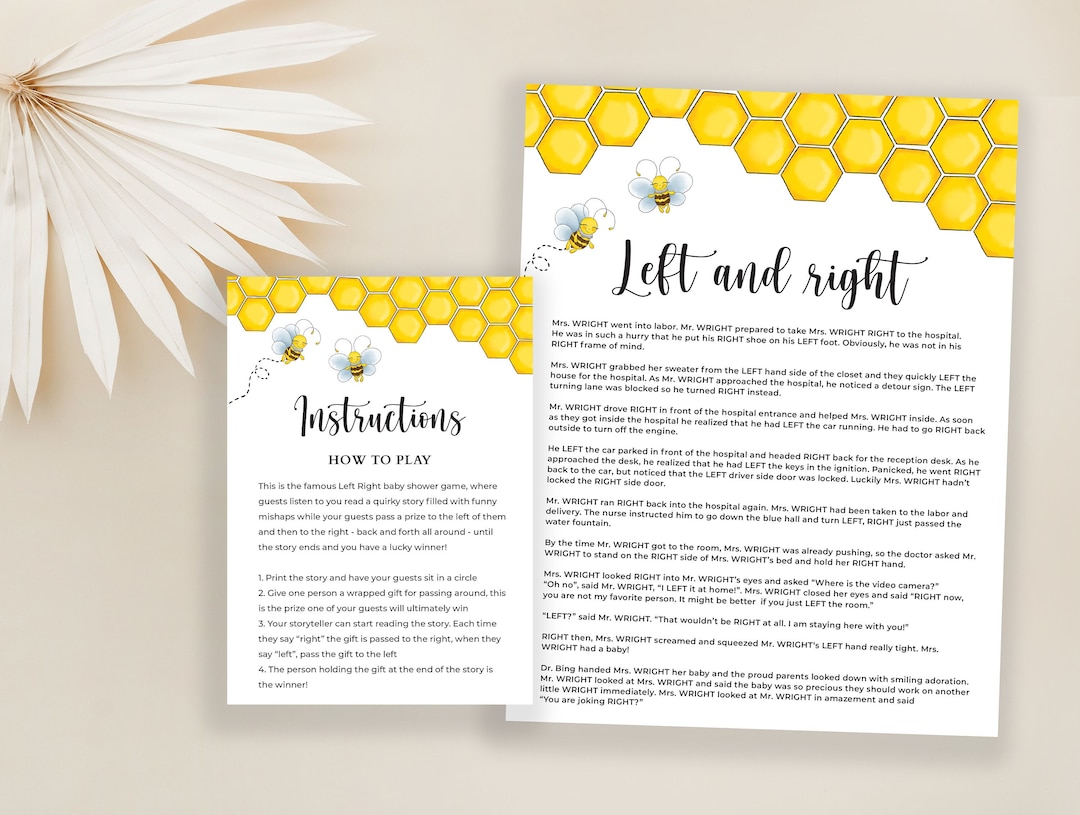 Left and Right Baby Shower Story Game, Bumble Bee and Honey Baby Shower ...