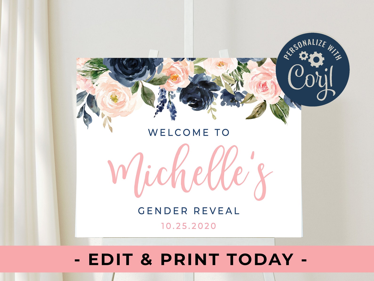 Gender Reveal Welcome Sign Template Printable Navy Blue and - Etsy