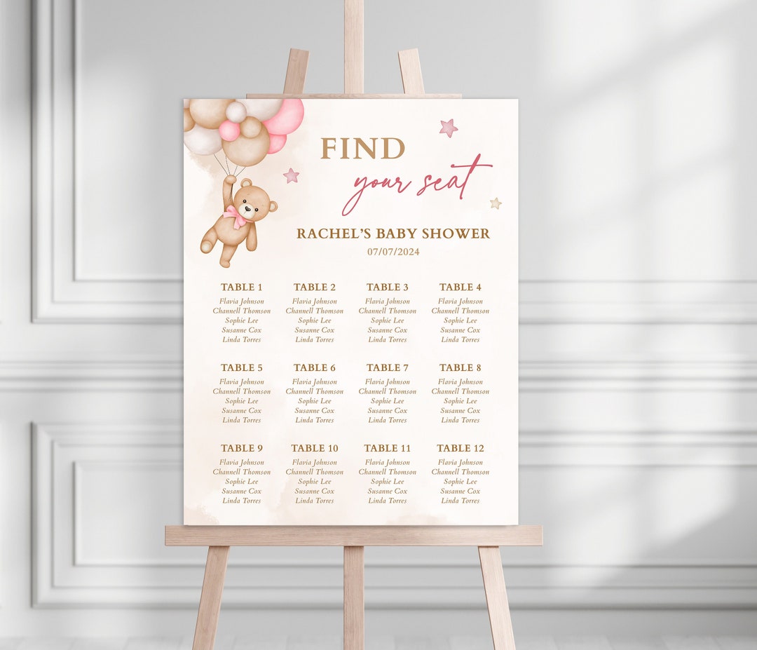 EDITABLE Seating Chart Pink Teddy Bear Baby Shower, Find Your Seat ...