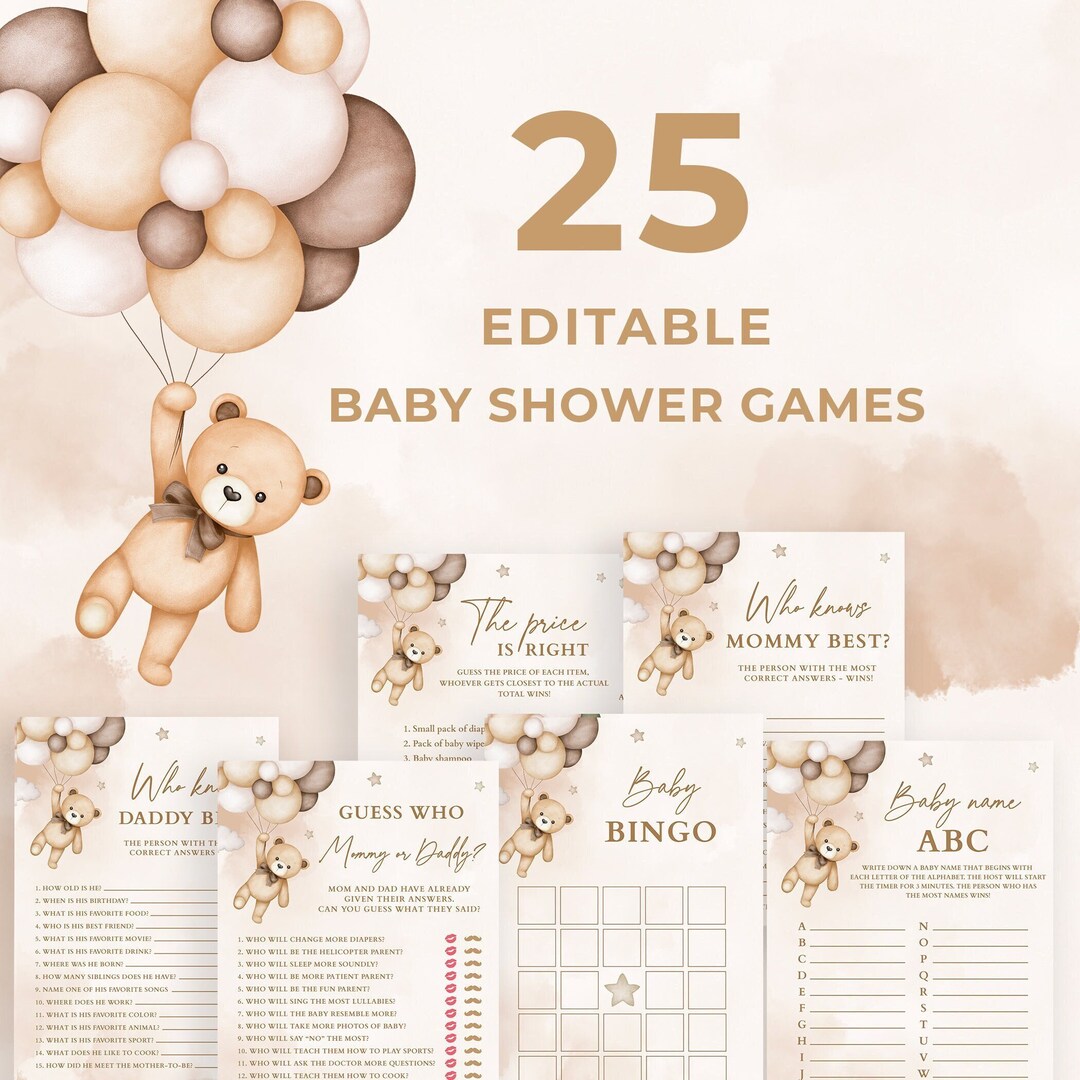 EDITABLE Beige Teddy Bear Baby Shower Games, Brown Bear and Balloon Gender Reveal Games Bundle ...