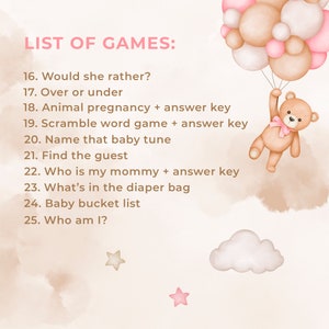 EDITABLE Pink Teddy Bear Baby Shower Games, Pink Bear Hot Air Balloon ...