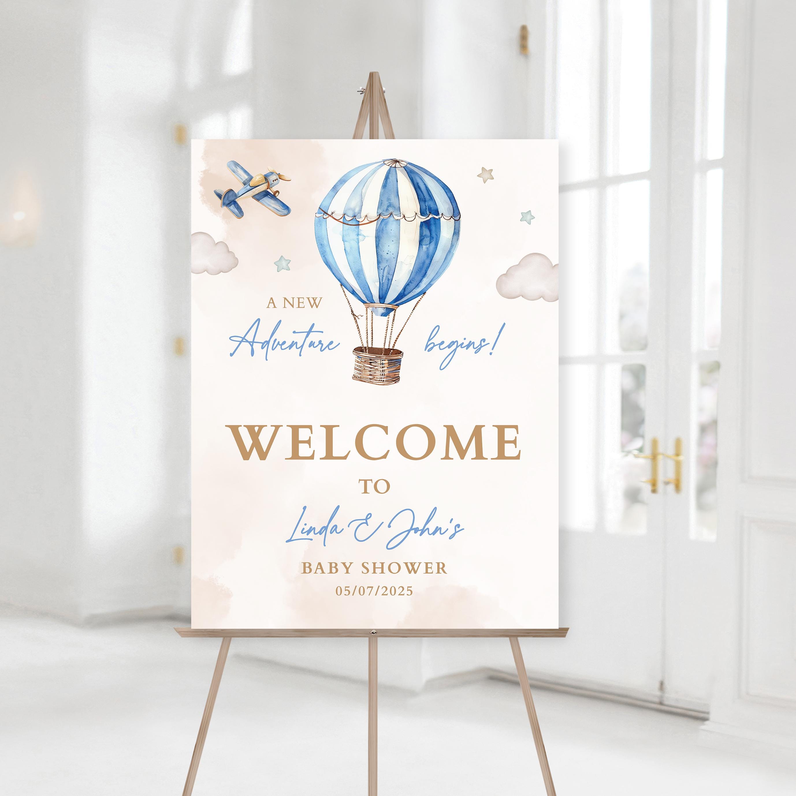 Hot Air Balloon Welcome to Baby Shower Banner, Travel Airplane and ...
