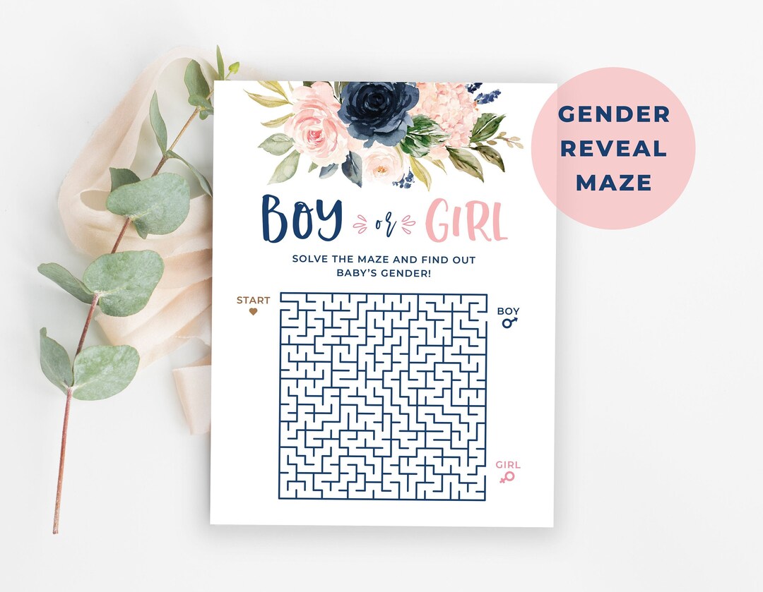 Boy or Girl Gender Reveal Maze Game He or She Labyrinth Game Navy and Blush Gender Reveal ...
