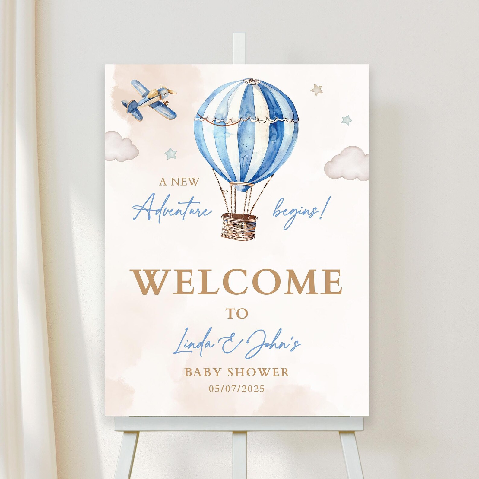 Hot Air Balloon Welcome to Baby Shower Banner, Travel Airplane and ...